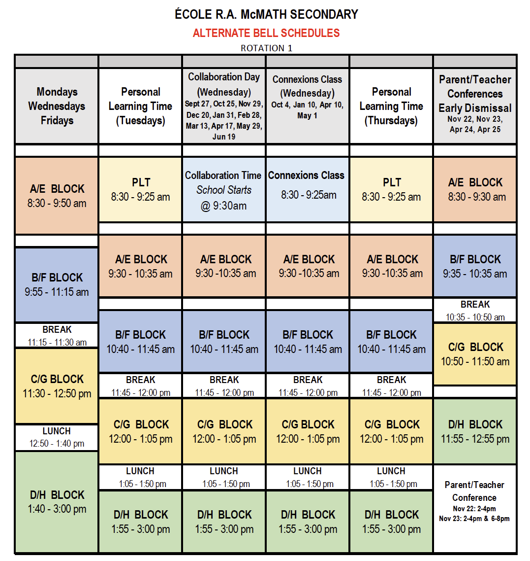 Bell Schedule | École Secondaire R.A. McMath Secondary School